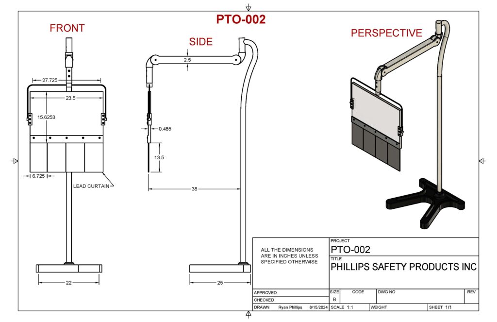 Square Arm Overhead Lead Acrylic Mobile Barrier w/ Lead Curtain